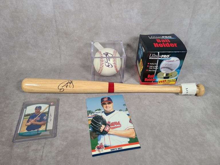 AUTOGRAPHED GRADY SIZEMORE BASEBALL & CARD; DANNY BAEZ MINI BAT ...