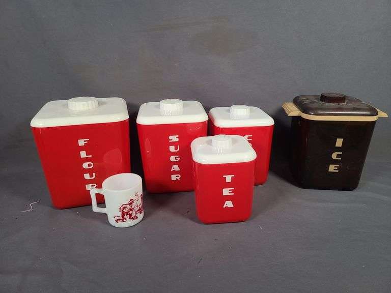 RETRO PLASTIC RED CANISTER SET & ICE BUCKET - Kaufman Realty & Auctions