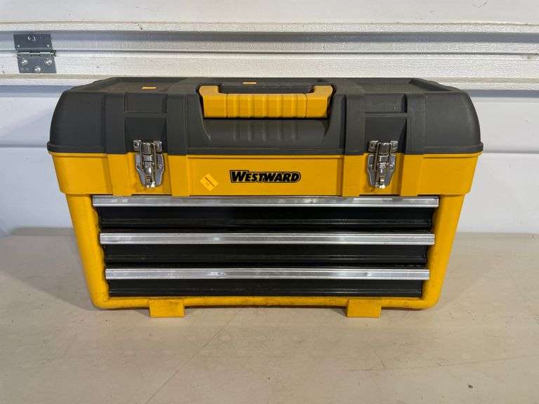 Westward toolbox w/ tools including socket set, screwdrivers, pliers, crescent wrench and more ...