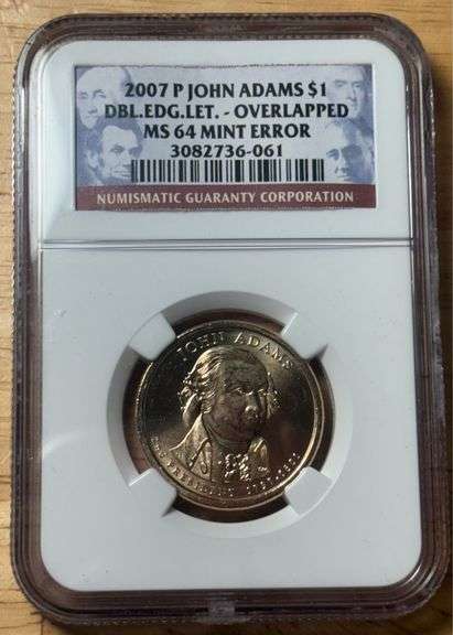 2007-P John Adams $1 Double Edge Lettering Overlapped MS64 Mint Error ...