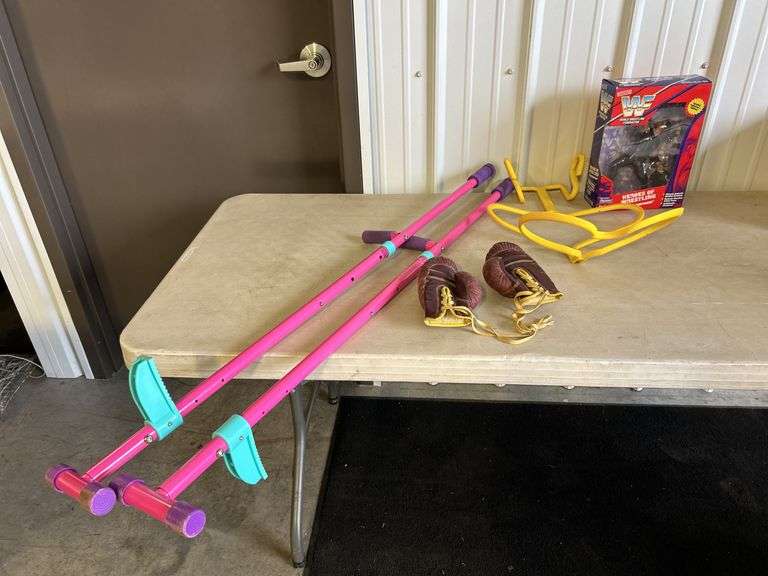 WWF wrestling figurine, basketball hoop rebounder, stilts and kids ...