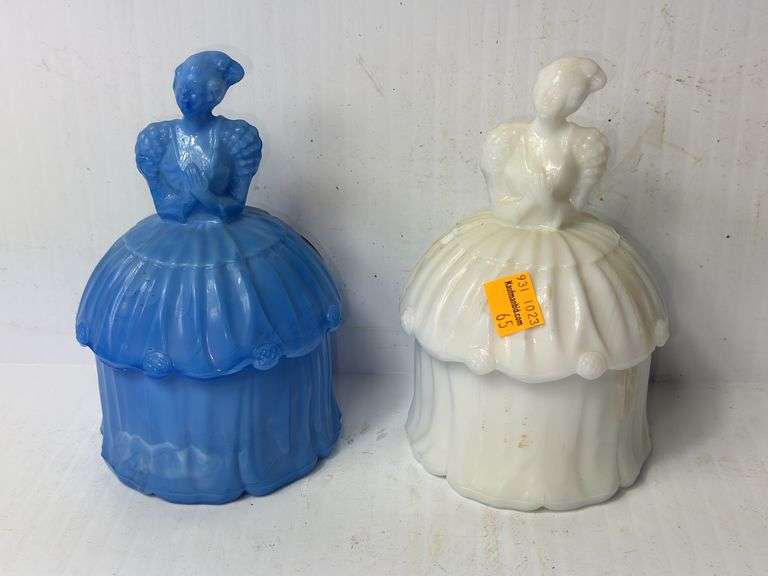 (2) Akro Agate Glass Powder Slag Colonial Belle Lady Powder Box ...