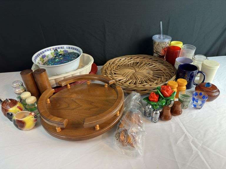 Chicken Sugar and Creamer, Lazy Susan, Silverware, (7) Salt and Pepper ...