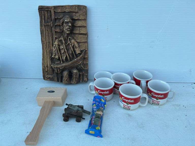 Army Pez dispenser, Campbell’s Soup cups, wall sculpture, wooden mallet ...