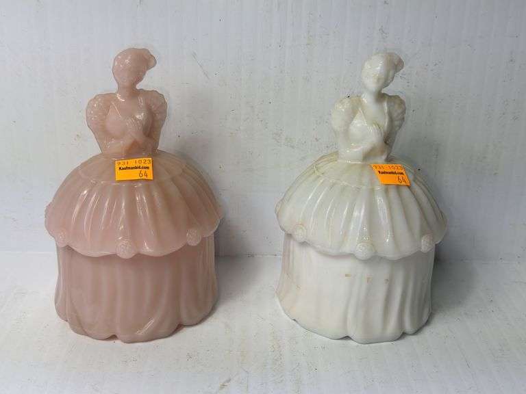 (2) Akro Agate Glass Powder Slag Colonial Belle Lady Powder Box ...