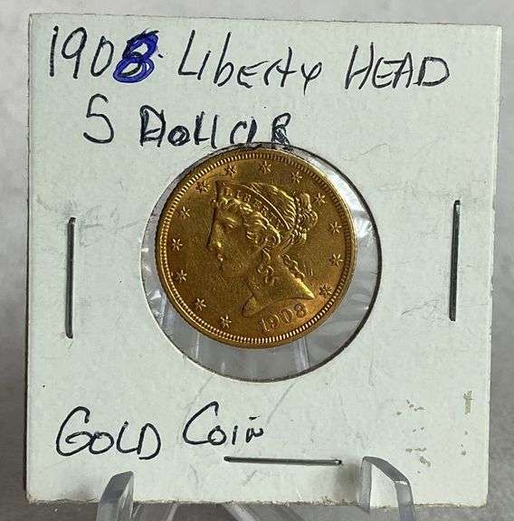 1908 $5 Liberty Head Gold Coin - Kaufman Realty & Auctions