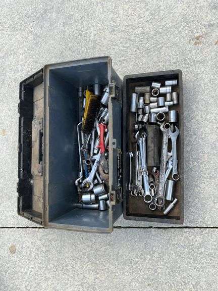 Tool box loaded w/ assorted sockets, wrenches, - Kaufman Realty & Auctions