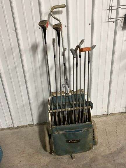 Cluster vintage golf caddy art with used golf clubs- see photos ...