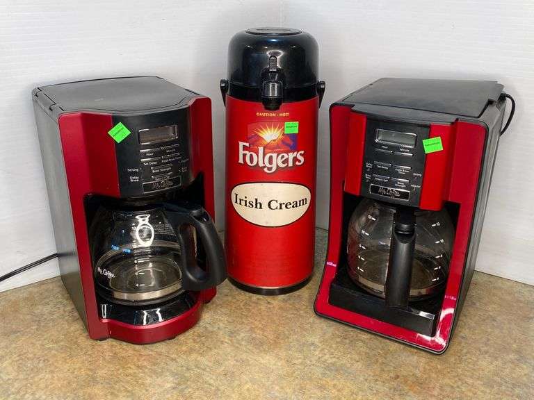 2 Mr Coffee Maker Machines and 1 Folgers Irish Cream Coffee Dispenser ...