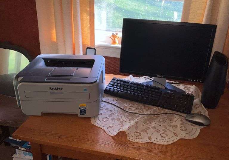 Monitor, keyboard, Brother printer - Kaufman Realty & Auctions
