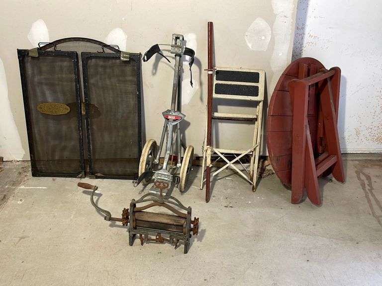 Collapsible red table, step stool, fireplace guard, golf bag cart and ...
