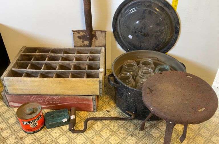 2 Vintage Coke Crates, Vintage Shovel, Antique Milk Stool, Canning Jars ...