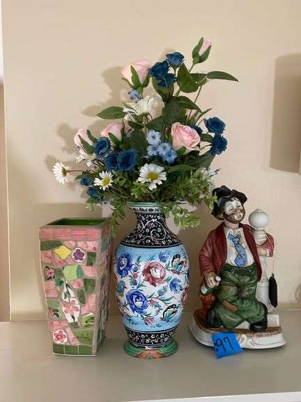 MOSAIC VASE, TIN VASE, & CLOWN MUSIC BOX - Kaufman Realty & Auctions