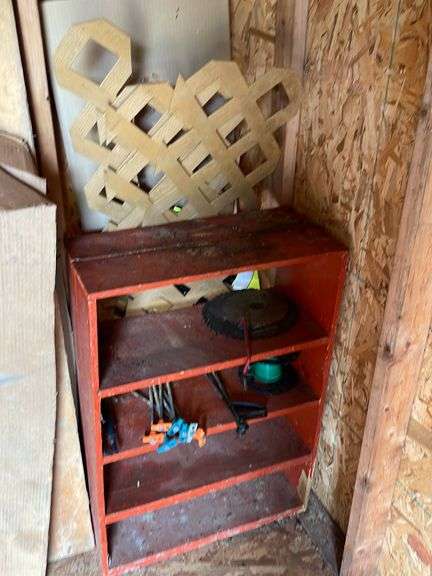 Painted Wooden shelf with stakes, weedeater string and more - Kaufman ...