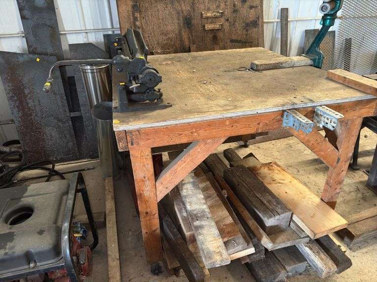 Sheet Metal Hand Brake and Wooden Work Table - Kaufman Realty & Auctions