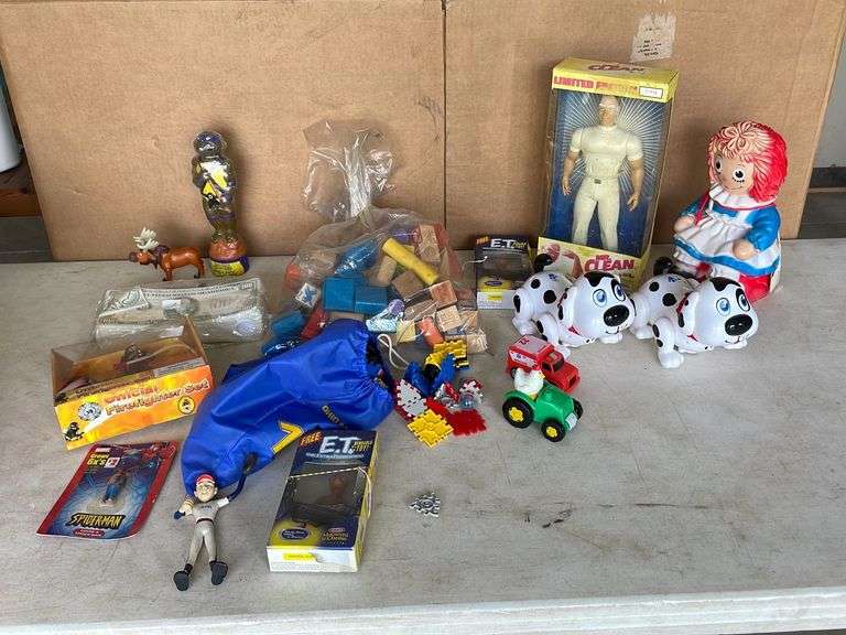 Box of kids toys- including blocks, Mr. Clean toy, toy cars and more ...