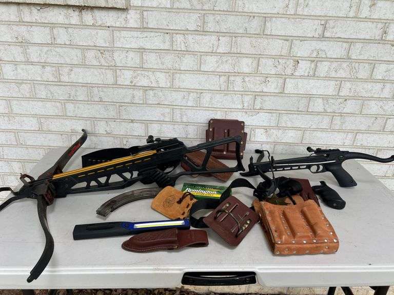 Crossbows, gun and magazine holsters, box of Remington 30-30 win ammo ...