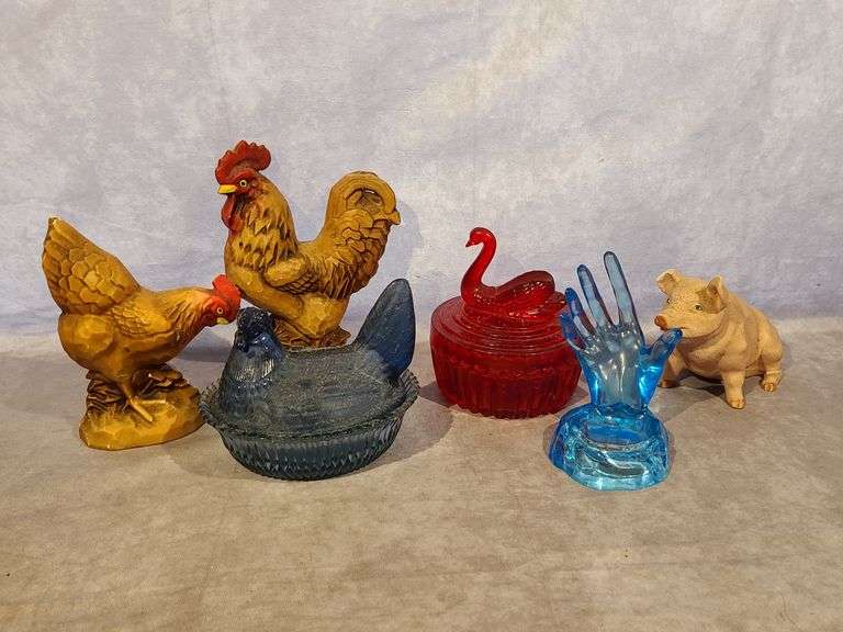 VINTAGE BLUE NESTING HEN, RED SWAN GLASS , PIG & ROOSTERS - Kaufman ...