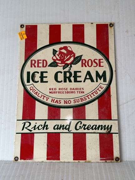 Red Rose Ice Cream Porcelain Sign - Kaufman Realty & Auctions