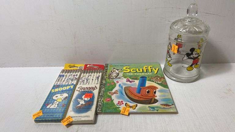 Mickey Mouse Candy Jar, Snoopy Pencils & Scruffy The Tug Boat - Kaufman ...