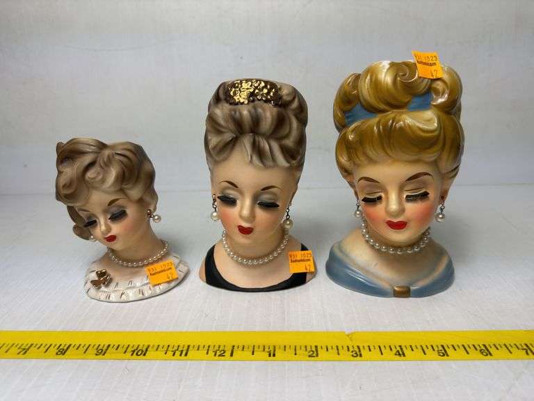 (1) National Potteries White/Gold Dress Lady Head Vase, (1) Inarco Black Dress Lady Head Vase ...