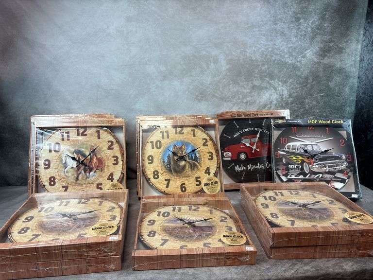 15 MDF Wood Clocks, Various Designs as Shown - Kaufman Realty & Auctions