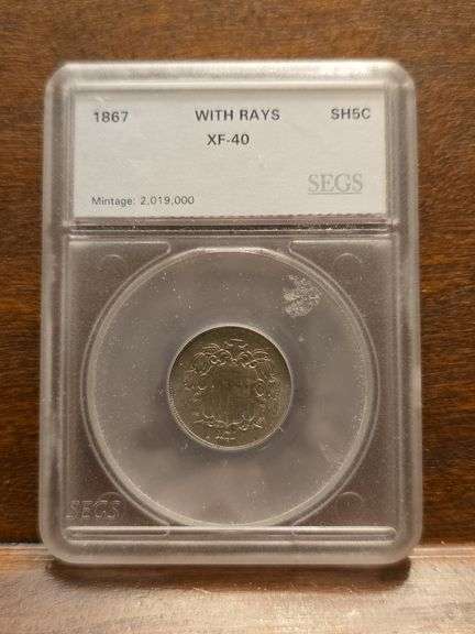 1967 SHIELD NICKEL WITH RAYS IN SEGS XF 40 HOLDER - Kaufman Realty ...