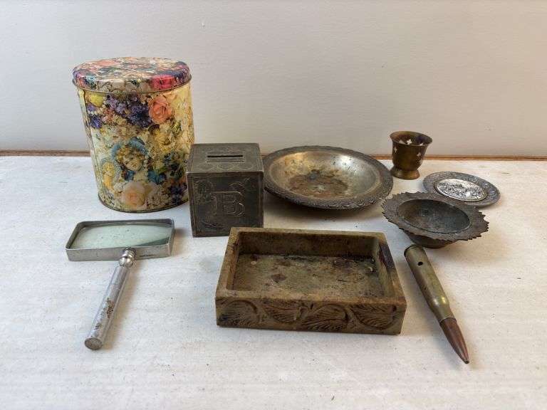 Brass metal coin bank ( needs plug ) , silver bowls - Kaufman Realty ...