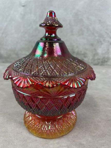 Fenton Red Carnival 6.75" Covered Candy Dish - Kaufman Realty & Auctions