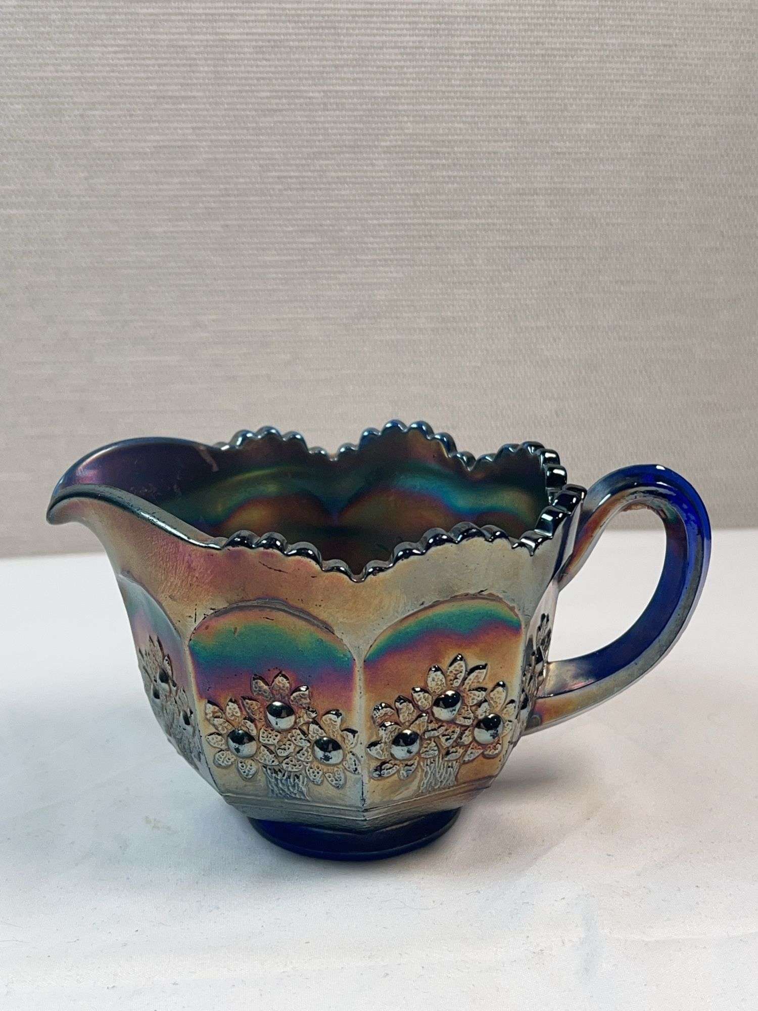 Fenton Carnival Glass Creamer Orange Tree Pattern Blue Base Scallop ...