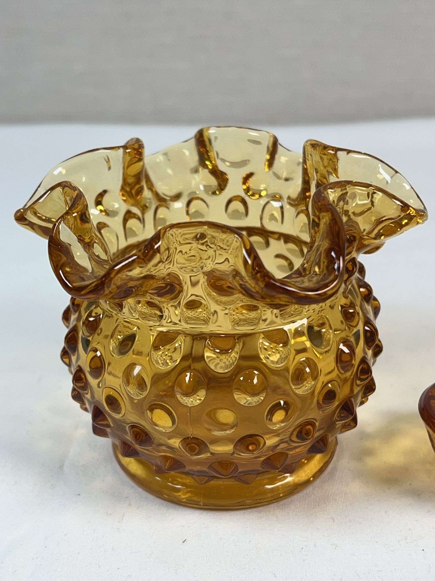 Two Fenton Amber Pieces – Hobnail Toothpick & Clover Dish - Kaufman ...