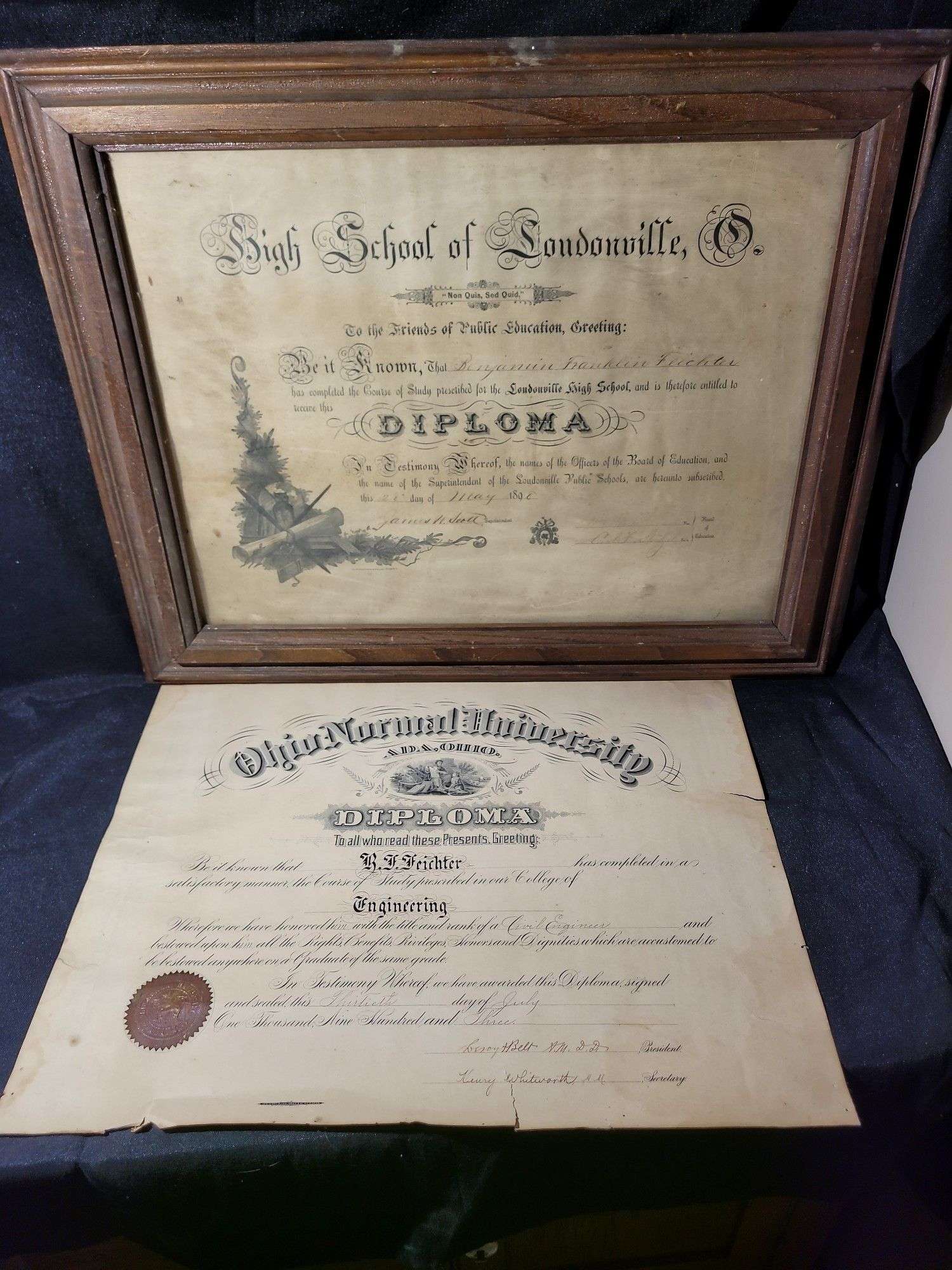 1898 LOUDONVILLE H.S. DIPLOMA -BENJAMIN FRANKLIN FEICHTER AND OHIO ...