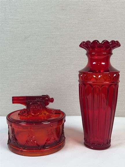 L.E. Smith Ruby Red Cannon Powder Box & Colonial Panel Vase - Kaufman ...
