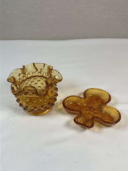 Two Fenton Amber Pieces – Hobnail Toothpick & Clover Dish - Kaufman ...