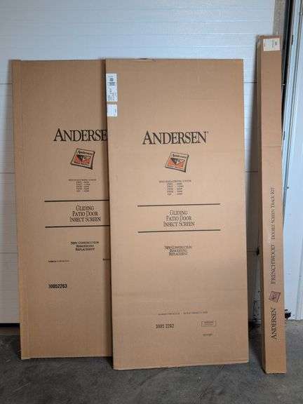 (2) Andersen gliding patio doors with screen with track kit - NIB - 35. ...