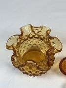 Two Fenton Amber Pieces – Hobnail Toothpick & Clover Dish - Kaufman ...