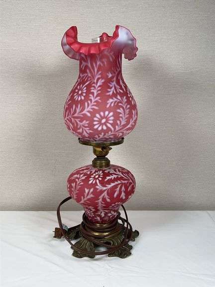 FENTON 3 Way Cranberry Daisy & Fern Parlor Lamp - Kaufman Realty & Auctions