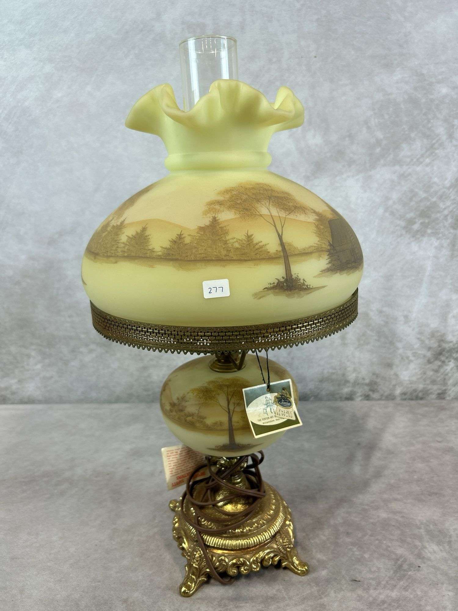 Fenton Burmese Hurricane Lamp with Log Cabin Scene - 21" - Kaufman ...