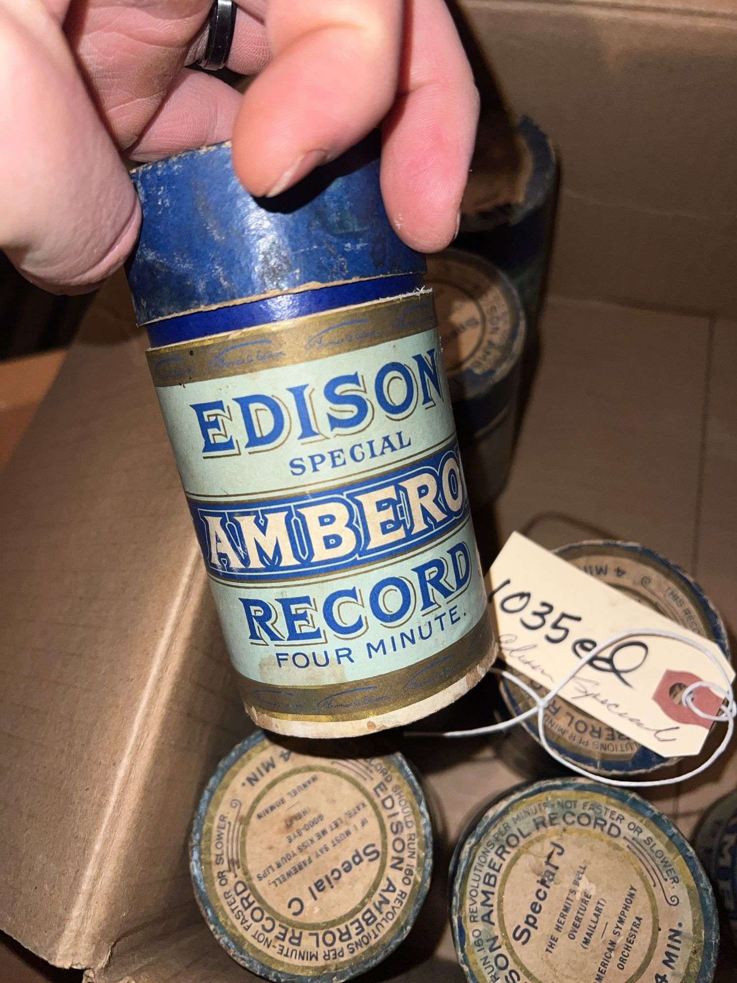 Edison Home phonograph early sound reproducing device and 2 records and ...
