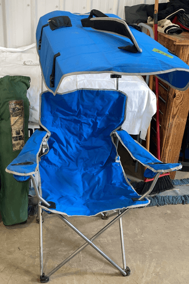 PACKABLE GREEN ARM CHAIRS (2- in bags) & BLUE CAMP FOLDABLE CHAIR ...