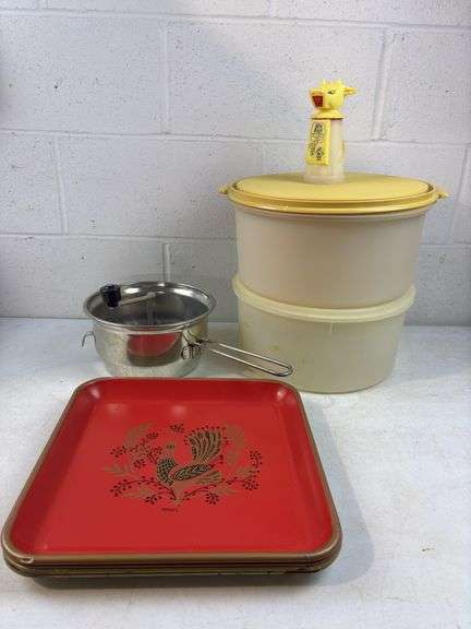Tupperware / Flower Siffter / Tin Trays - Kaufman Realty & Auctions