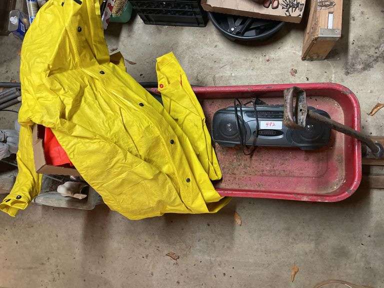 Radio Flyer metal wagon, rain jacket, and cassette radio - Kaufman ...