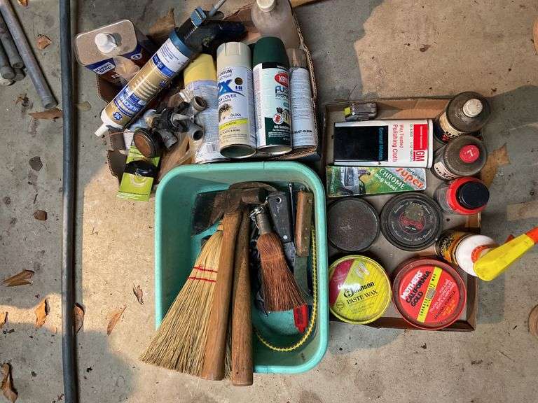 Car cleaning supplies, waxes, tape measure, whisk brooms, paint ...