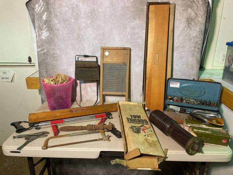 Antiques, tools & misc. including wash board, mop wringer, level ...
