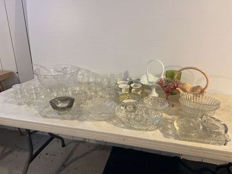 Fenton compote, glass baskets, punch bowl & cups, misc glassware ...