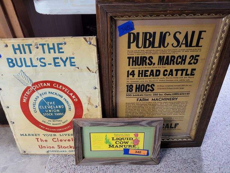 Framed cattle auction ad 1943, framed manure ad sign, metal Cleveland ...