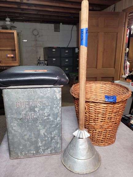 Antique laundry stomper, wooden trash can, and Guernsey Farms milk box ...