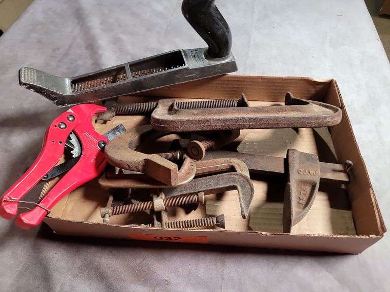 Misc clamps, wood rasp, plastic pipe cutter - Kaufman Realty & Auctions