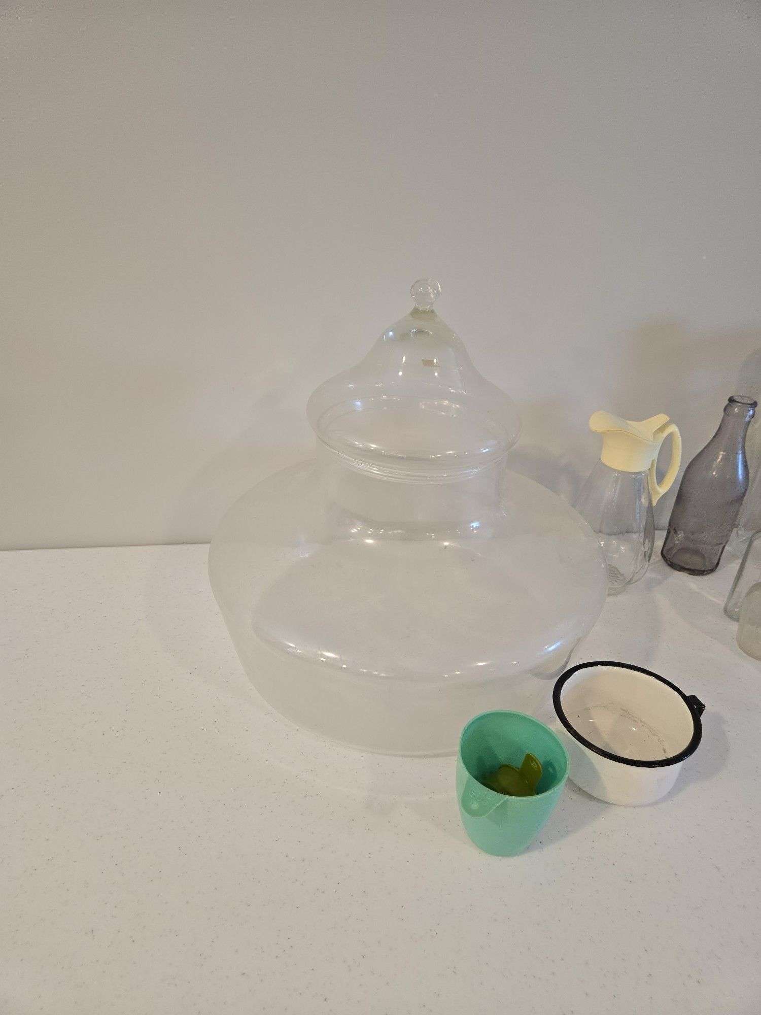 Beam dog decanter, misc glass bottles, Peg's glass jar, ect - Kaufman ...