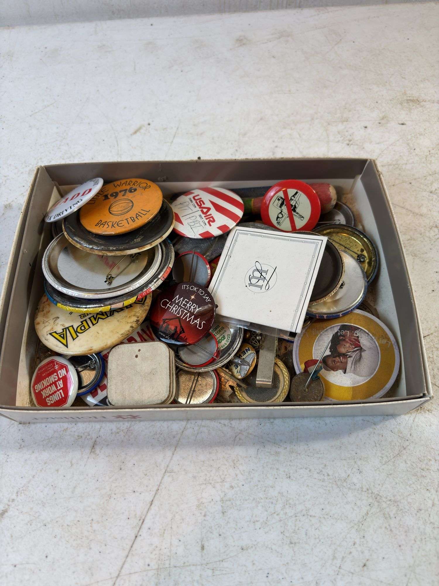 Box of Misc. Pin Ons - Kaufman Realty & Auctions